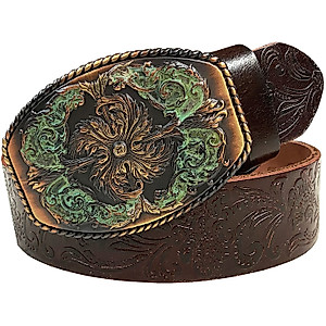 Western Fashion Style Floral Engraved Buckle Full Grain Genuine Leather Belt 1-1/2" (38mm) Wide, Multi-Style Options (Brown, 36)