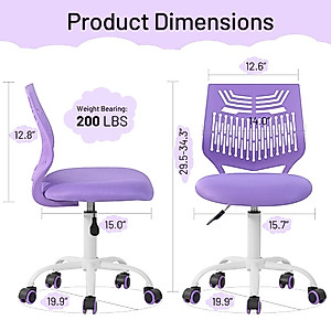 FurnitureR Desk Chair Armless Kids Study Chair Swivel Adjustable with Rolling Wheels, Computer Task Chair Armless Cute Home Office Chair with Mesh Soft Cushion Plastic Low Back, Purple