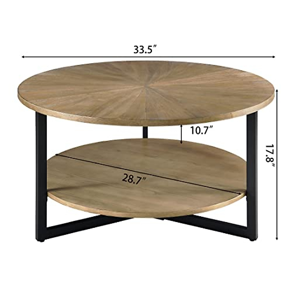 33.5" Round Coffee Table with 2-Tier Storage, Farmhouse Living Room Cocktail Table with Black Metal Leg, Solid Wood Industrial Sofa Center Table,Easy Assembly, Rustic Natural KFZ1338