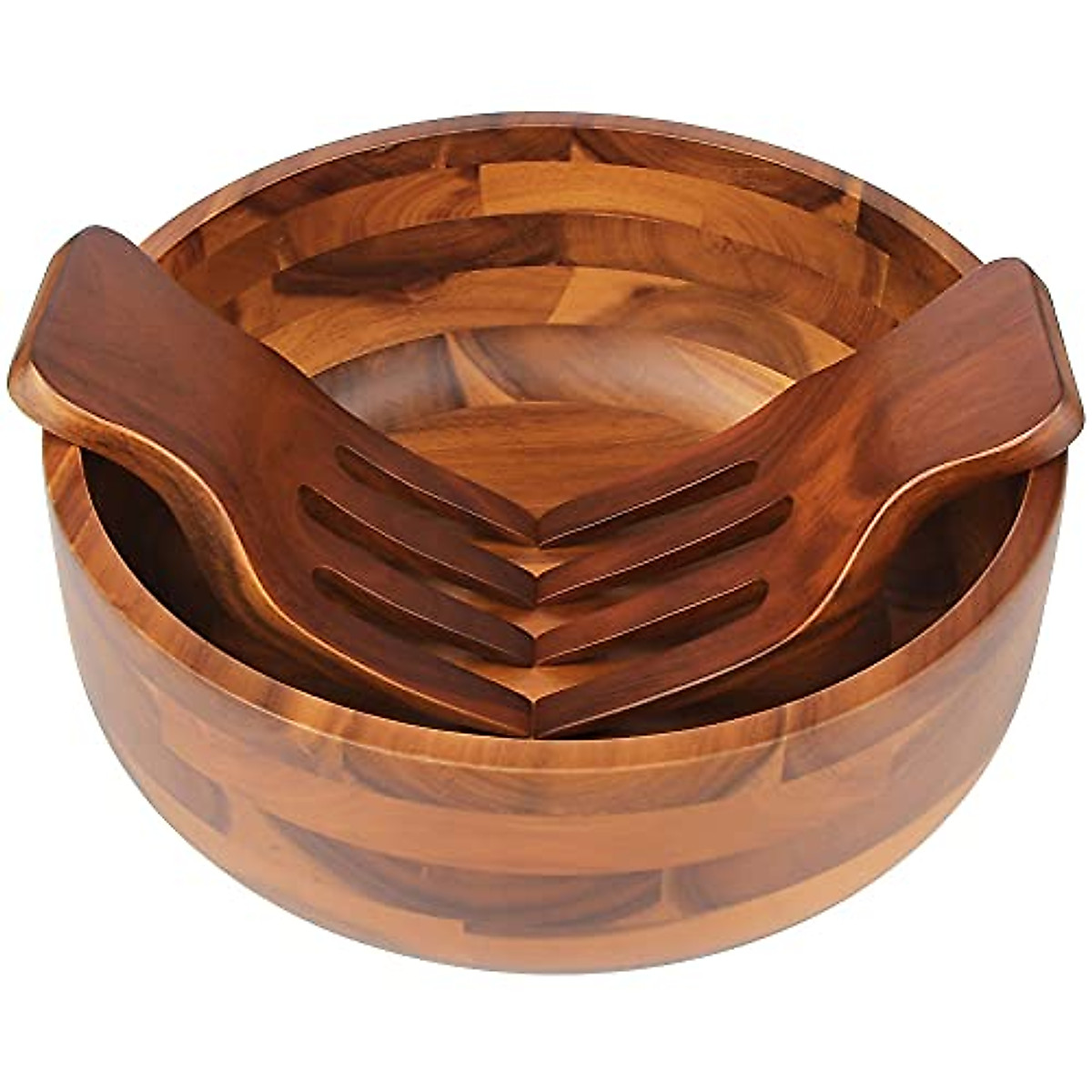 AIDEA Acacia Wood Salad Bowl Set with 2 Wooden Hands, Large Salad Bowl with Serving Utensils, Big Mixing Bowl for Fruits, Salad, Cereal, Corn flake,Pasta 11" Diameter x 4.5" Height