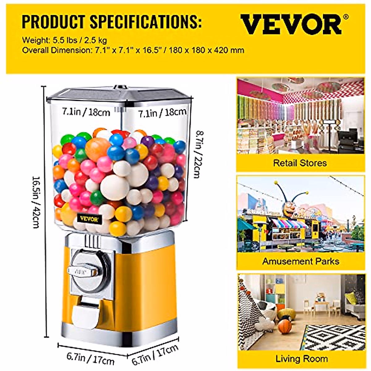VEVOR, 17 Inch Huge Load Capacity Candy, Mini Vending, Gumball Dispenser Machine for Kids, Perfect for Birthdays, Christmas and Kiddie Parties, Yellow