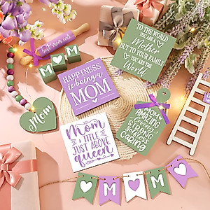 15 Pcs Mother's Day Tiered Tray Decor Happy Mother's Day Lavender Wood Signs Farmhouse Decorations Wooden Heart Bead Garland with LED String Lights for Mothers Gift Tabletop, Purple, Green