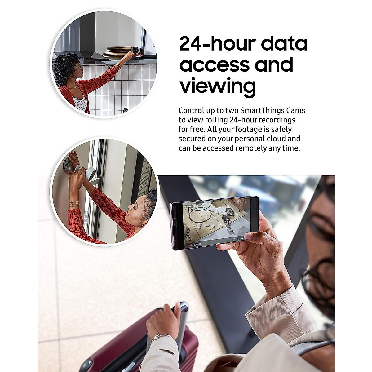 Samsung SmartThings Indoor Security Camera (GP-U999COVLBDA), 1080P HD Video with HDR, Night Vision, Advanced Motion Detection, and Two-Way Audio – Black/White