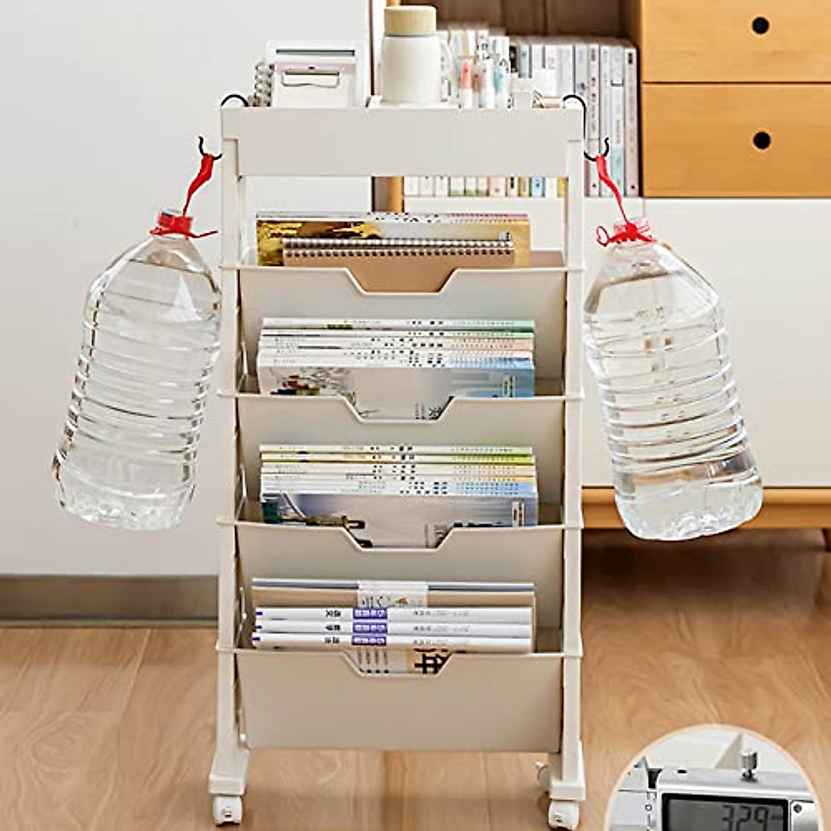 BFYDOAA 5 Tier Rolling Organizer Cart,Mobile Bookcase with Wheels Movable Bookshelf Cart with Drawers for Classroom School Bedroom Groceries Office(Blue)