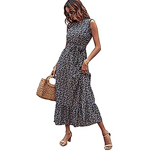 SweatyRocks Women's Floral Sleeveless Ruffle Hem A Line Midi Dress Mock Neck Belted Dresses Blue White S