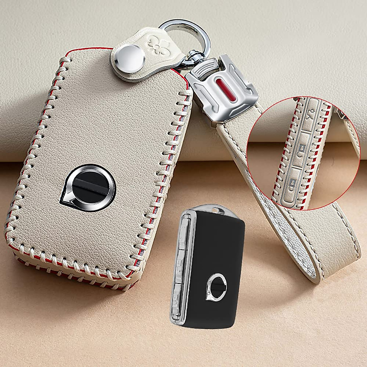 HIBEYO 2022 Leather Key Fob Case Protection for Volvo XC40 XC60 XC90 S90 V90 Smart Key Case Cover with Keychains Accessories Simple Light Luxury Key Fob Case-White