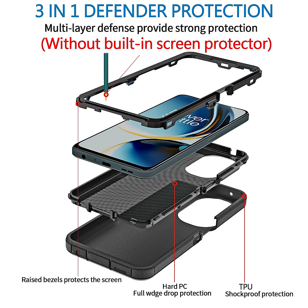 Anloes for Oneplus Nord N30 5G/CE 3 Lite Case, Defender Phone Case Heavy Duty Shockproof Dustproof Rugged Protective, 3 in 1 Bumper Cover for Oneplus Nord N30 Black(Without Built-in Screen Protector)