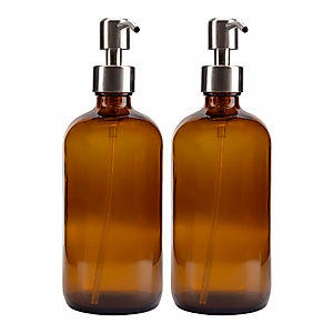 Cornucopia Brands 16-Ounce Amber Glass Bottles w/Stainless Steel Pumps (2-Pack); Lotion & Soap Dispenser Brown Boston Round Bottles for Aromatherapy, DIY