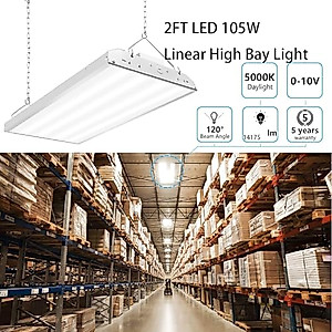 CINOTON 2FT 105W LED Shop Light with 14175LM,0-10V Dimmable Linear High Bay Lighting with 5000K,120-277V 135LM/W Commercial Hanging Lights for Garage Office Warehouse Workshop Factory UL Listed
