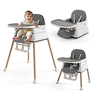 3 in 1 Baby High Chair, Portable High Chairs for Babies and Toddlers, Adjustable Convertible Infant Baby Feeding Chair Booster for Eating with Detachable Double Tray, 5 Point Harness, Footrest Gray