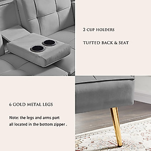 SEVENWOOD Velvet Futon Sofa Bed with Cup Holder,Velvet Small Loveseat Sleeper Bed, Modern Folding Sleeper Couch with 2 Pillows and 6 Gold Metal Legs for Living Room. (Grey)