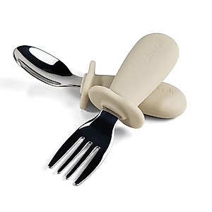 Ali+Oli Spoon & Fork Learning Set for Toddlers (Khaki) 6m+ Grab Easy BPA Free Food-Grade Silicone Handle, Kids Silverware Self Feeding Baby Utensils, Multi-stage Baby Feeding Set Ergonomic Design