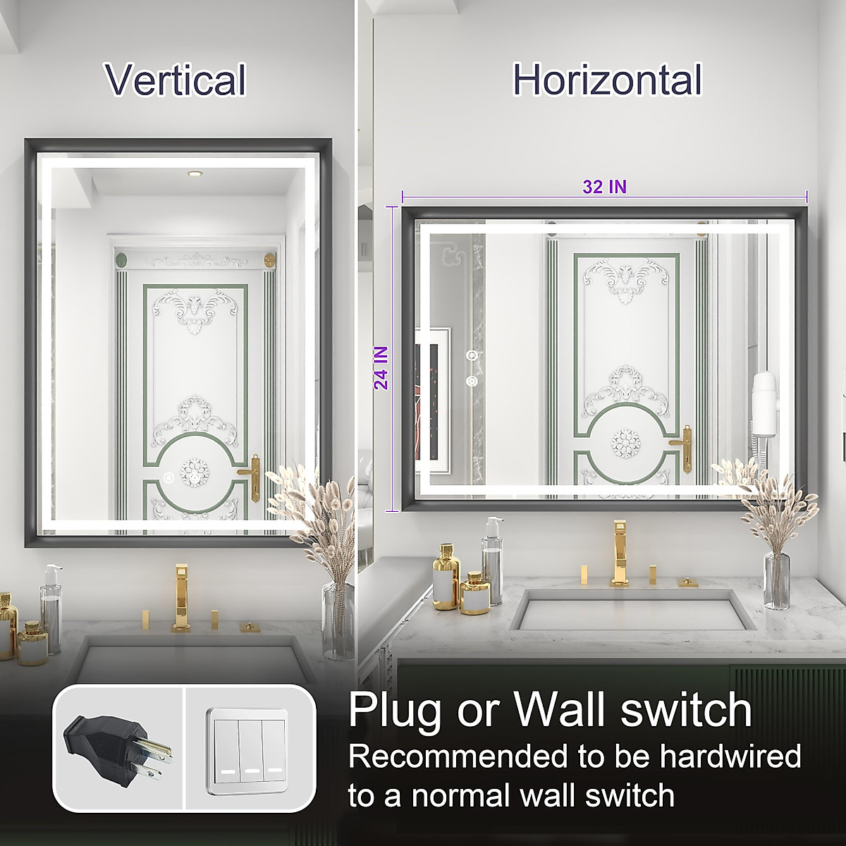 JSneijder 2-Piece(Frameless+Framed) LED Mirror, 24x32 Inch, Bathroom Mirror with Lights, Wall Mounted Dimmable Anti Fog Lighted Mirror for Bedroom