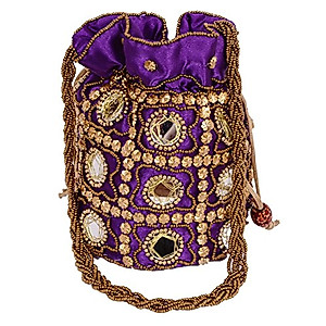 Traditional Satin Potli Bag with Round Mirror for Women & Girls - (Purple)