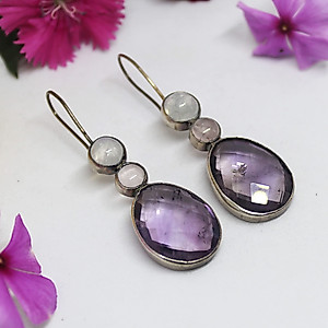 925 Sterling Silver Amethyst, Rose Quartz and Rainbow Moonstone Earring Jewelry Dangle Genuine Earring Ravaria Jewelry