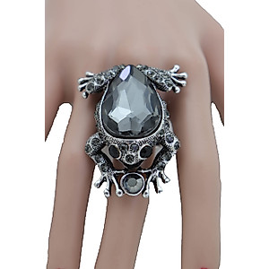 Women Fashion Jewelry Frog Ring - Silver Color Metal One Size Elastic Band Big Animal