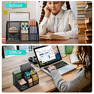 MaxGear Mesh Desk Organizer Office Desktop Organizer with Drawer, Metal Stationary Organizer Black Desk Caddy, 6 Compartments, 8.7 x 5.5 x 5 inch, 1 Pack