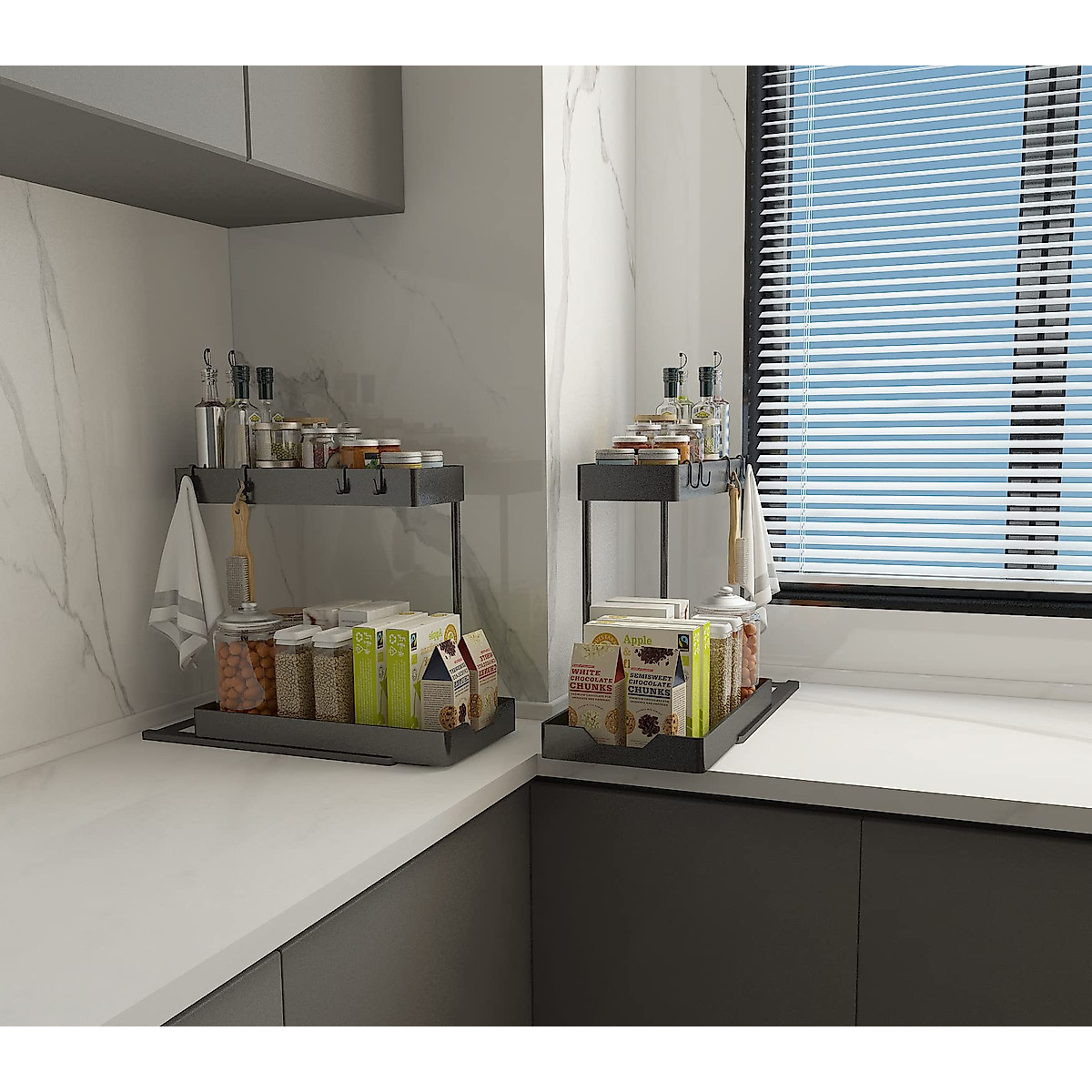 JINEWA Under Sink Organizers and Storage, 2 Pack Large Capacity Heavy Load Pull-out Under Sink Shelves with Sliding Drawer for Kitchen and Bathroom, 2 Tier Under Sink Storage Organizer,Black (BLACK)