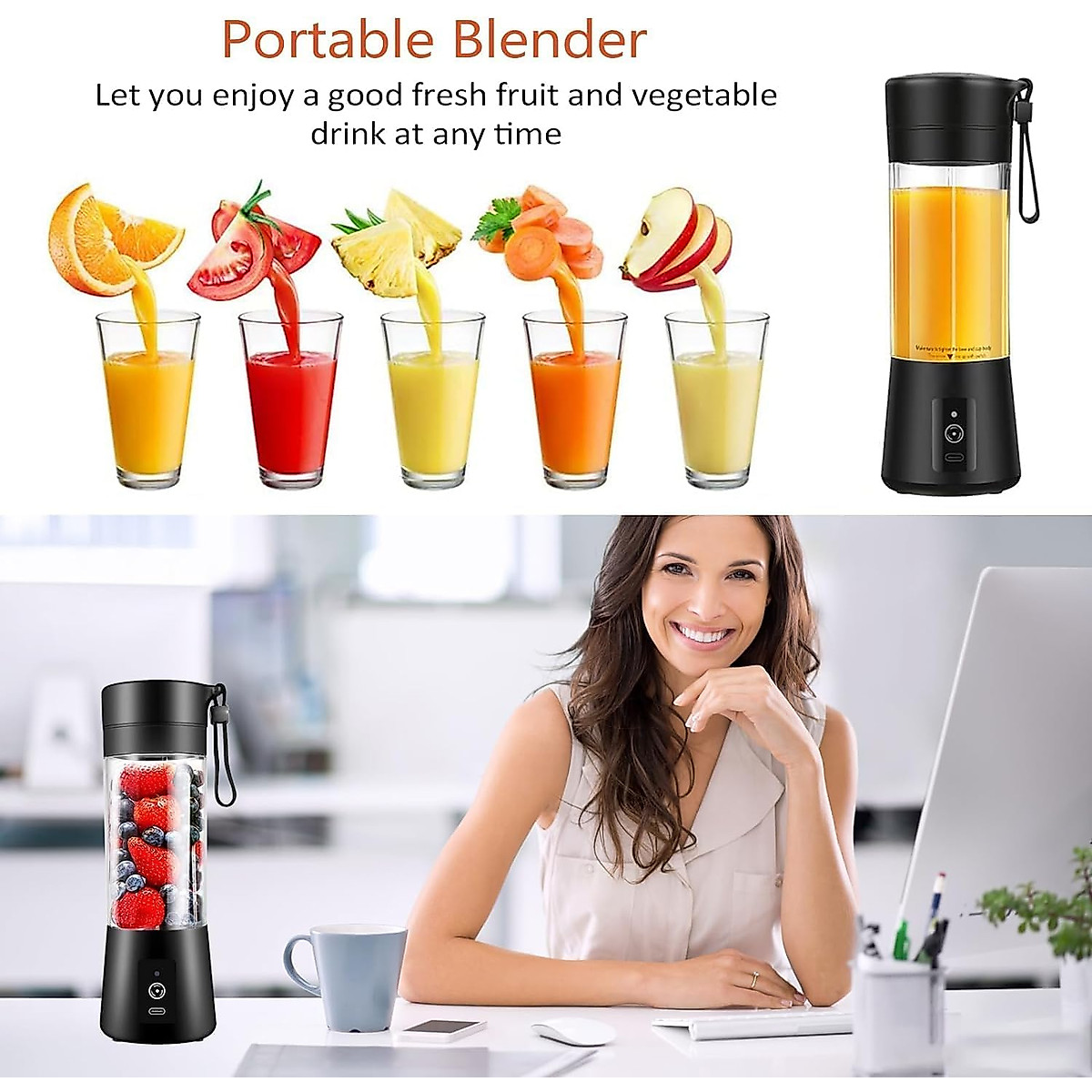 Portable Blender, Blender for Shakes and Smoothies, Personal Blender, Mini Shakes Juicer Cup 380ml USB Rechargeable with 6 Stainless Steel Blades for Kitchen,Sport and Travel, Black HSZZB X0316