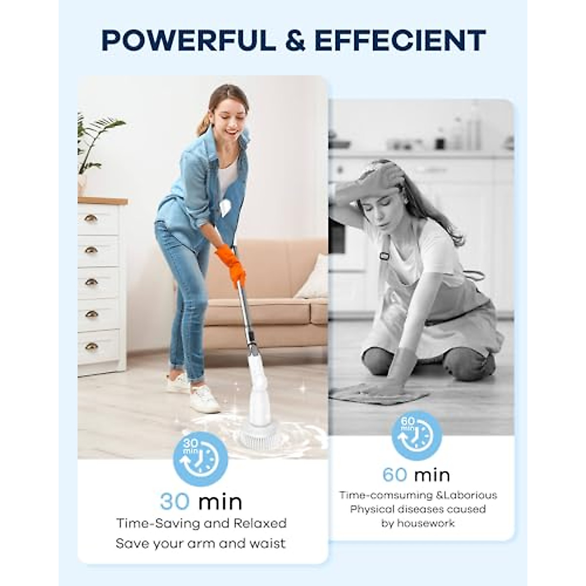 MABOGU Electric Spin Scrubber, Cordless Shower Scrubber with 8 Replaceable Brush Heads, Bathroom Scrubber Electric Dual Speeds, Shower Cleaning Brush with Extension Arm for Tub Tile Floor(Grey&White)