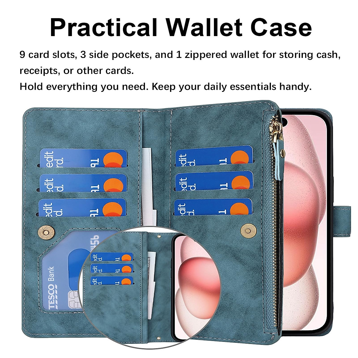 Jaorty Crossbody Phone Case for iPhone 15 with Strap,Shoulder Lanyard,for iPhone 15 Wallet Case for Women with Card Holder,Zipper Pocket Magnetic Flip Leather Protective Case,6.1" Blue