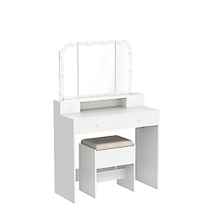 Quimoo Vanity Desk Set with LED Tri-Fold Lighted Mirror & Power Outlet, Makeup Vanity Table with 4 Drawers, Cushioned Stool, for Bedroom, Bathroom, White