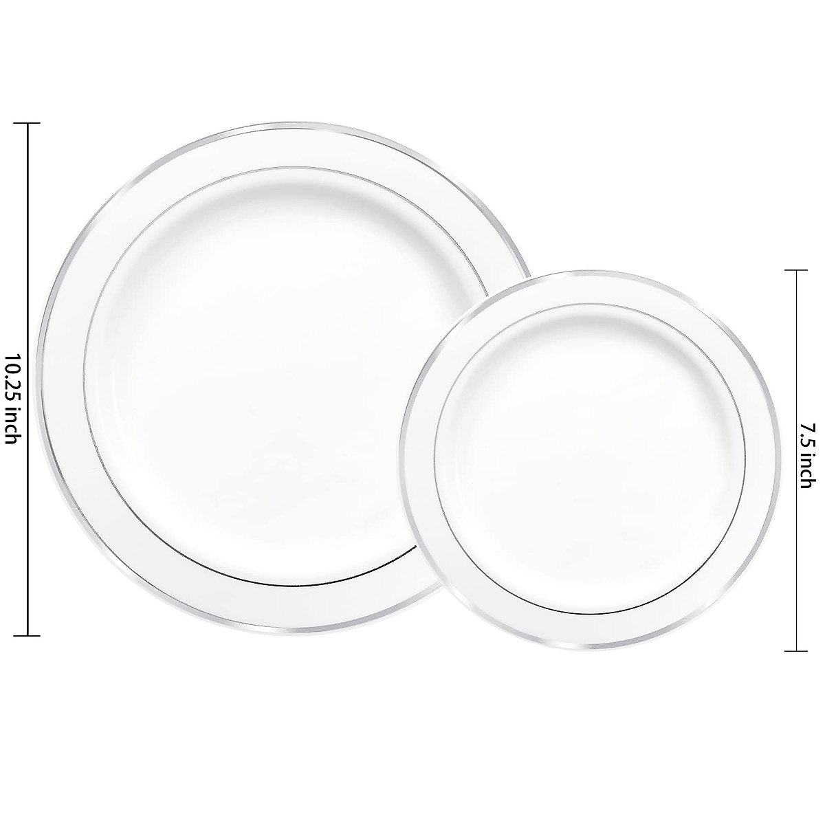 I00000 102pcs Silver Plastic Plates, Disposable Plastic Party Plates with White Silver Rim Fancy Wedding Party Plates Include 51 Dinner Plates 10.25" and 51 Dessert Appetizer Plates 7.5"