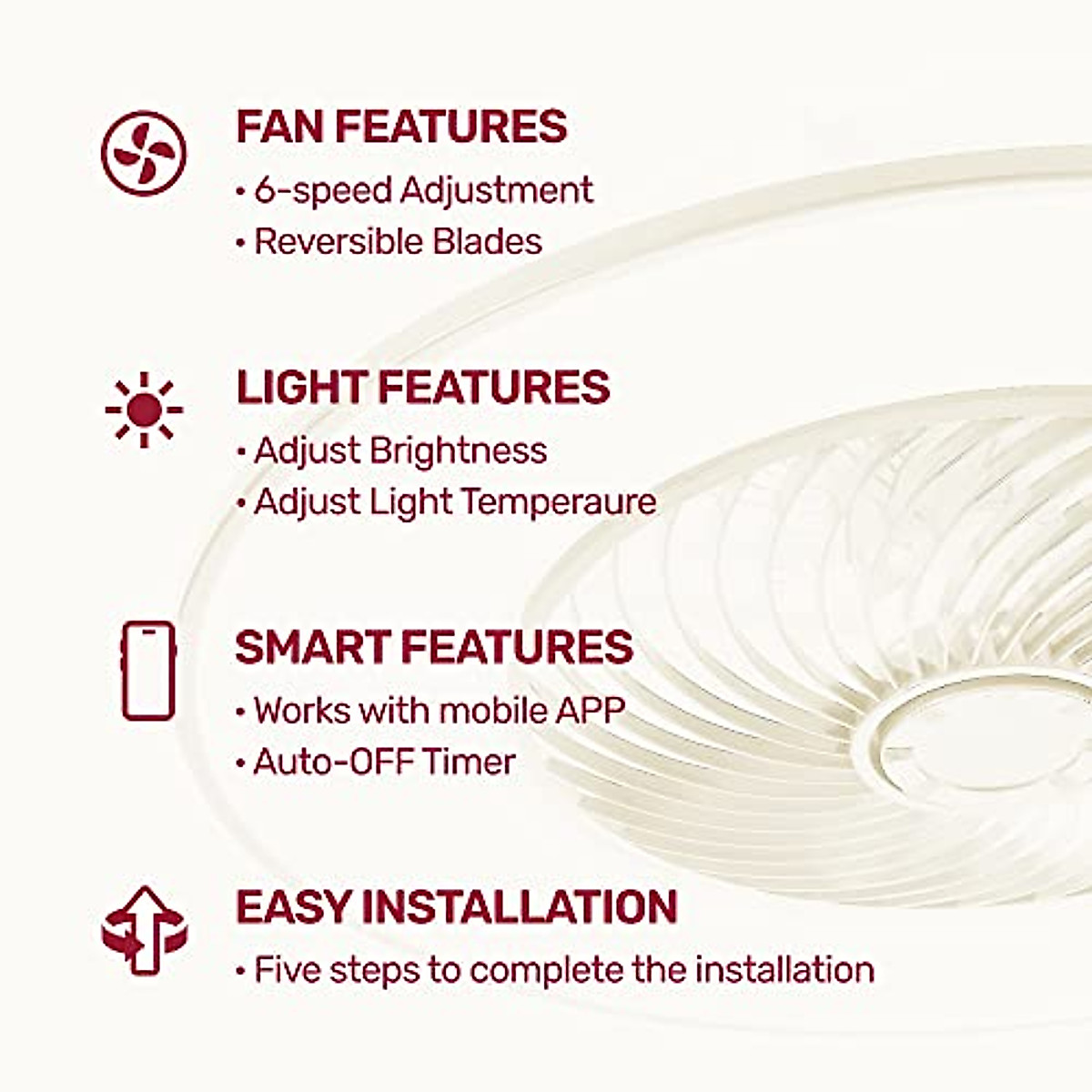 YANASO Ceiling Fan with Light Modern Bladeless Ceiling Fan with Remote Control Smart LED Dimmable Lighting Indoor Low Profile Ceiling Fan Flush Mount (Black)