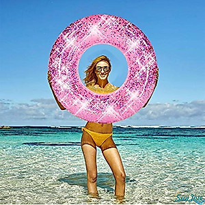 Vermo Pink Glitter Swim Ring for Pool Beach Lake Glitter Pool Inflatable Swim Tube Glitter Swim Ring for Kids, Adults Glitter Pool Floating Tube Inflatable Pool Float Glitter Pool Ring (48 Inch)
