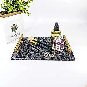 BustleDust Handmade Marble Decorative Tray with Golden Handles,Vanity Tray, Cosmetics Perfume Tray, Jewelery Diplay Tray, Dresser Organizer Tray(Black 11.8 x 7.9 x 0.39in)