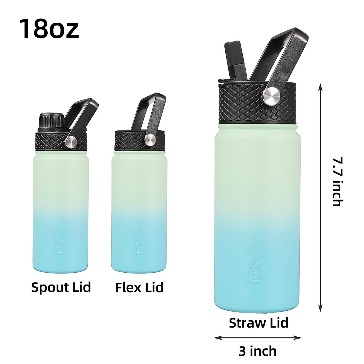 BJPKPK Insulated Water Bottles with Straw Lid, 18oz Stainless Steel Metal Water Bottle, Cold Hot Thermos with 3 Lids, Leak Proof BPA Free Travel Cup, Wide Mouth Flasks, Thermos -Mint
