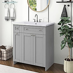 30 Inch Freestanding Bath Vanity in Grey with White Resin Top Modern Contemporary Painted Adjustable Shelving