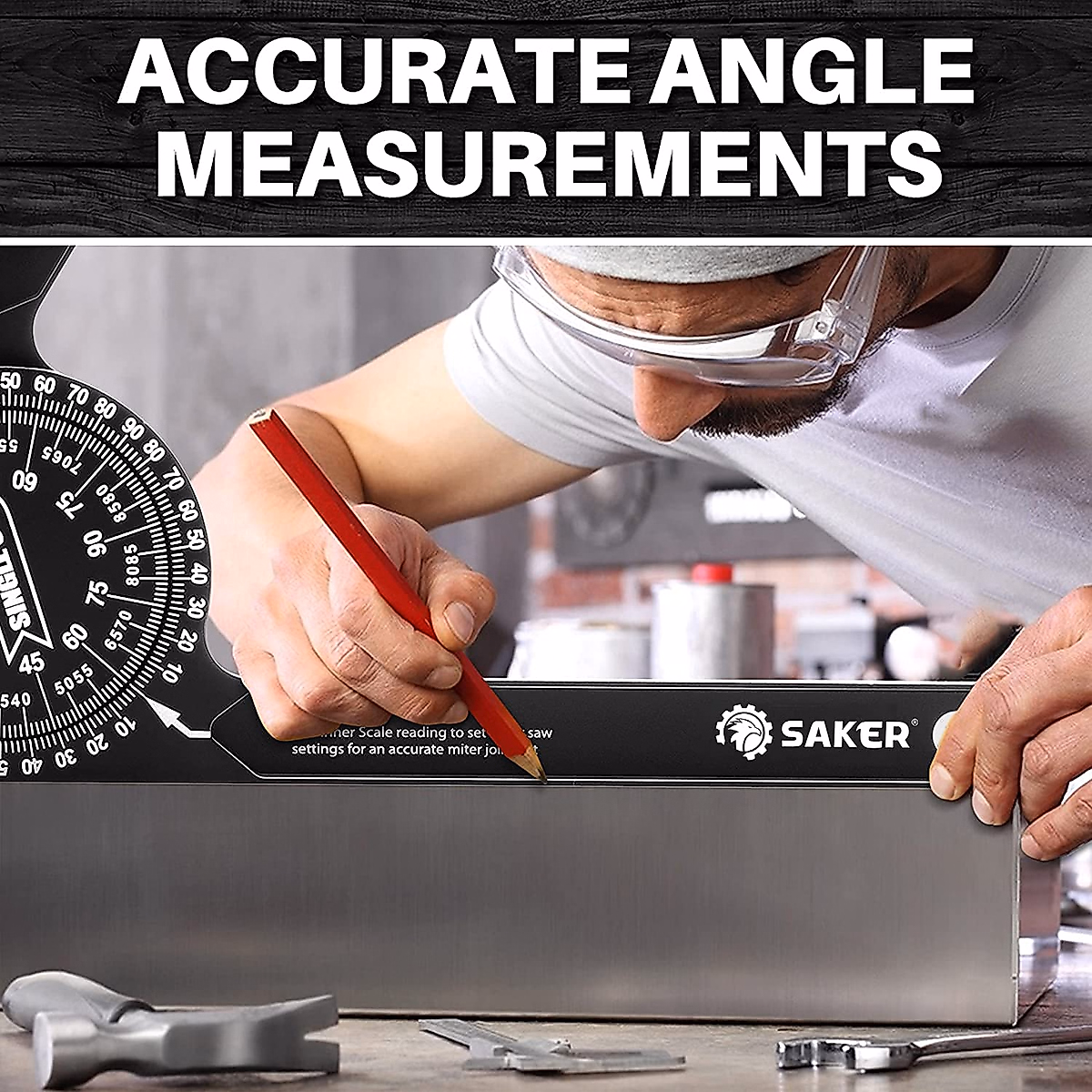 Saker Miter Saw Protractor|7-Inch Aluminum Protractor Angle Finder Featuring Precision Laser-Inside & Outside Miter Angle Finder for Carpenters, Plumbers and All Building Trades (Black)