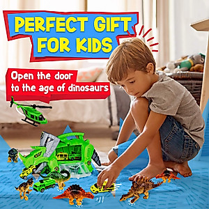 Think N Thrill Dinosaur Toys Storage Carrier for Kids Includes 6 Mini Dinosaurs 3 Toy Cars & Helicopter - #1 Best Fun Playset for Boys & Girls - Great for Children Ages 3+ Years Old (Dinosaur)
