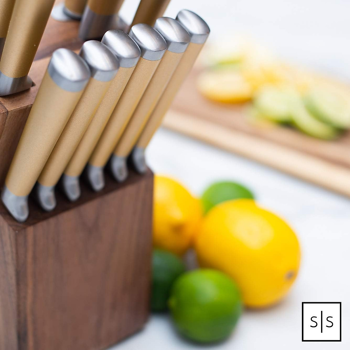 Gold Knife Set with Walnut Knife Block, 13-piece Kitchen Knives Stainless Steel Gold Knives Set, Full Tang, Knives Gold - Gold Kitchen Accessories