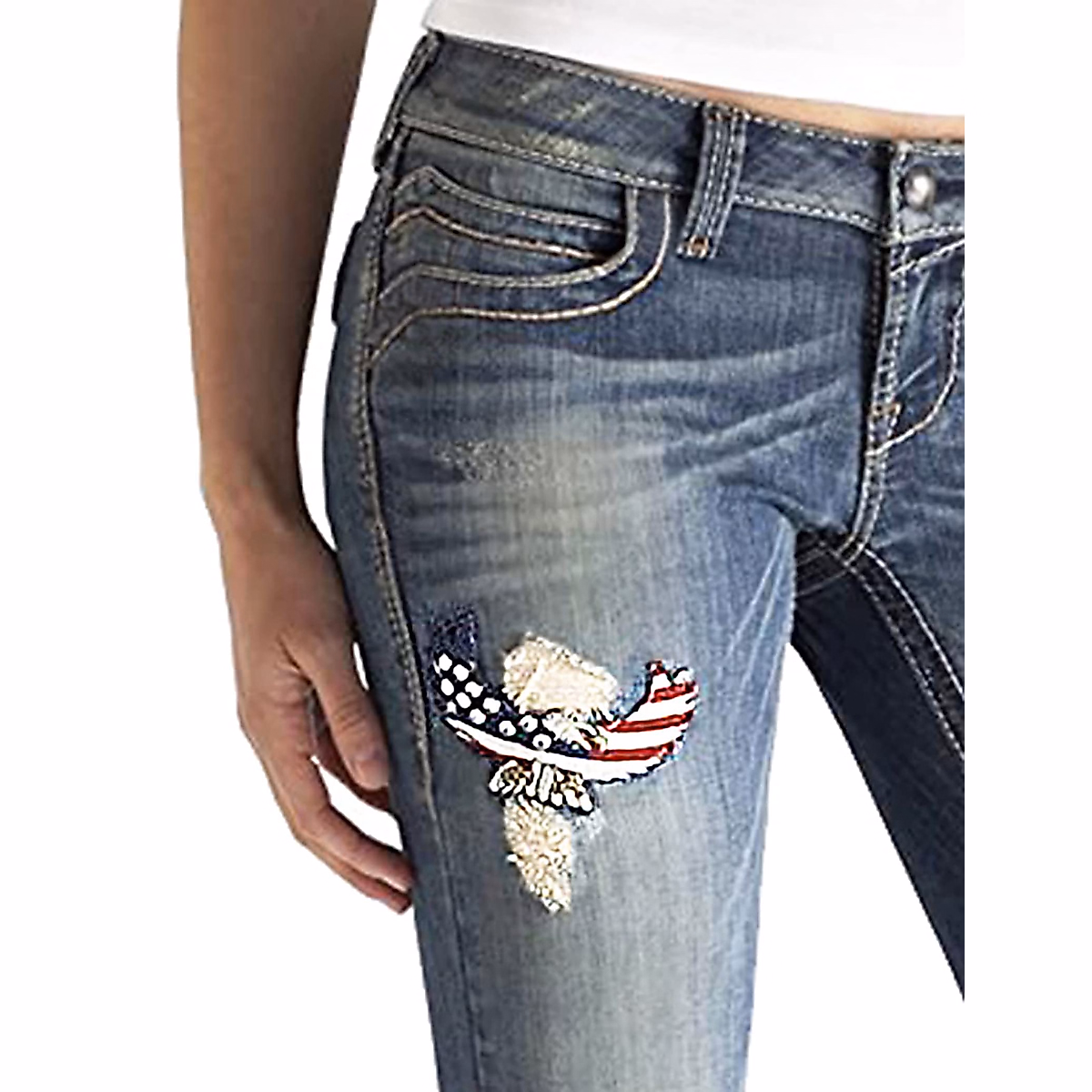 American Flag Eagle Pattern Mid Rise Bootcut Jeans for Women,07-Blue,X-Large