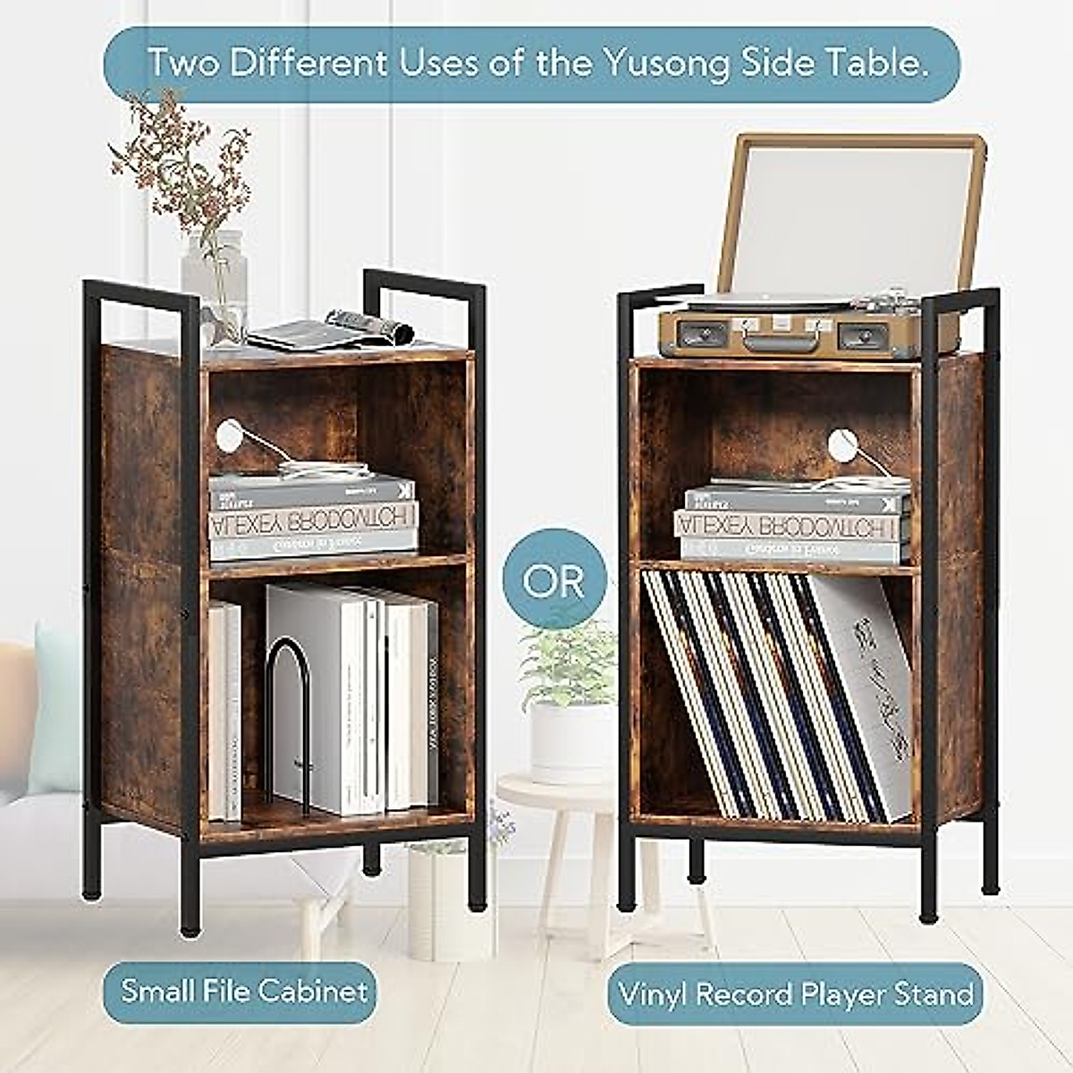 Yusong 3 Tier End Table, Tall Side Table with Storage Cabinets, Bedside Table Nightstand Small Bookcase for Small Space in Living Room, Bedroom, Office, Rustic Brown
