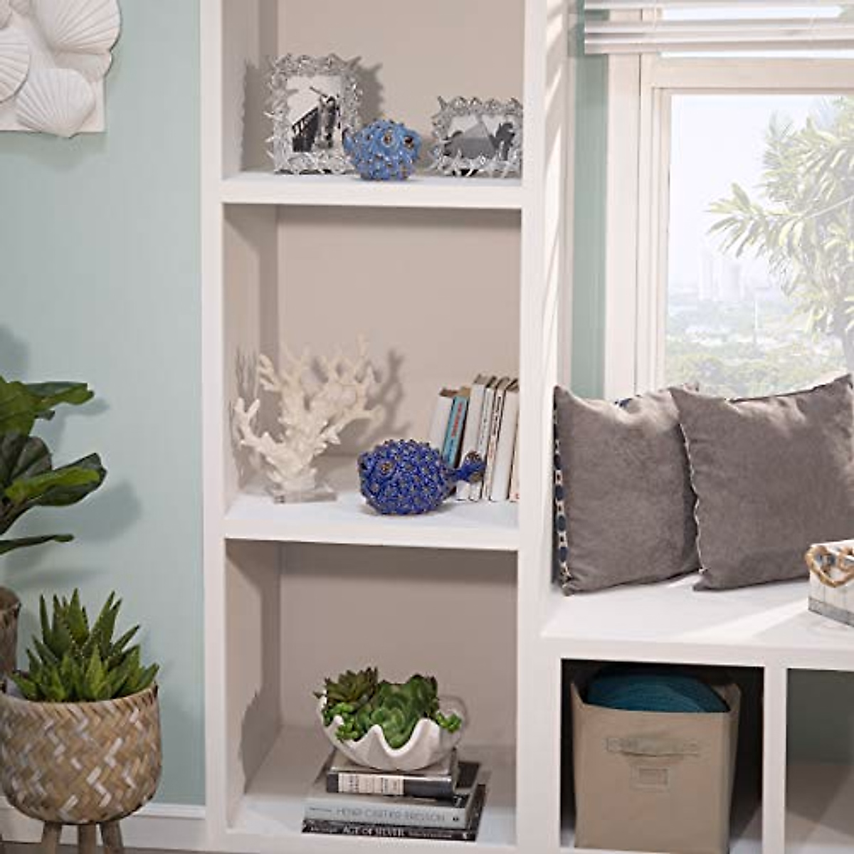 8" Puffer Fish Sculpture - Ceramic Blue Fish Figurine - Ocean Beach Theme - Contemporary Coastal Decorative Accent Statue for Home or Office Decor