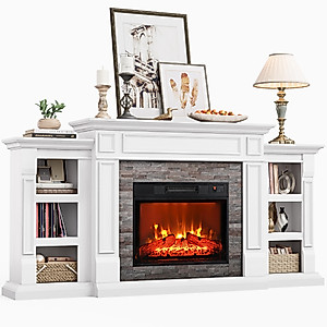 Naice 70" Electric Fireplace with Mantel and Cabinets, Fireplace TV Stand for Living Room Bedroom, Stacked Stone Surround and Remote Control 3D Realistic Flame, White