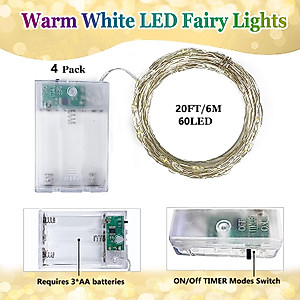 4 Pack 20FT 60LED Battery Operated Fairy Lights with Timer, Waterproof Battery String Lights Outdoor Indoor, Battery Twinkle Lights for Bedroom Wedding Birthday Party Chirstmas (Warm White)
