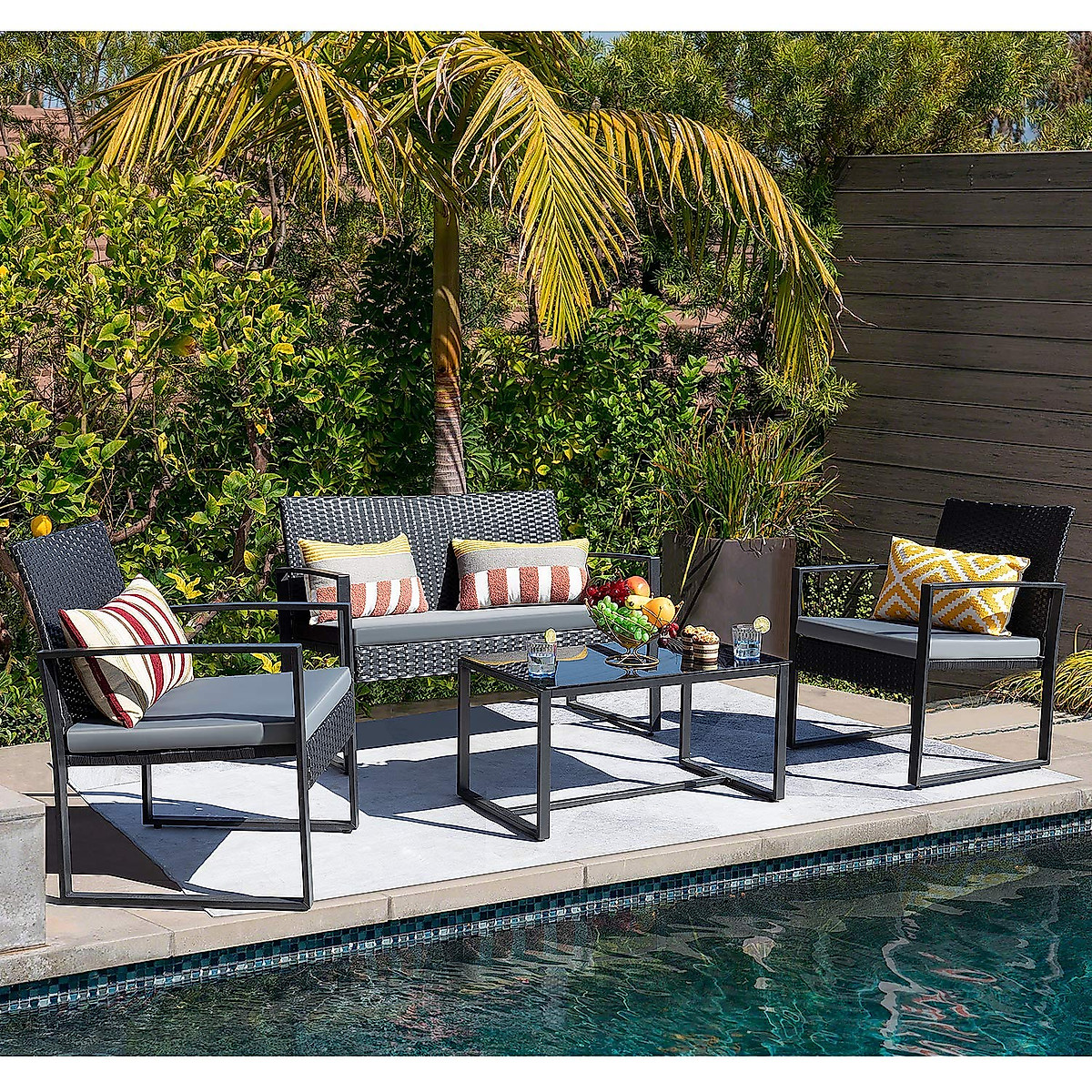 JUMMICO 4 Piece Patio Set Outdoor Rattan Chairs with Cushion & Table Metal Bistro Conversation Sets Modern Porch Furniture for Garden, Balcony, Poolside (Grey)