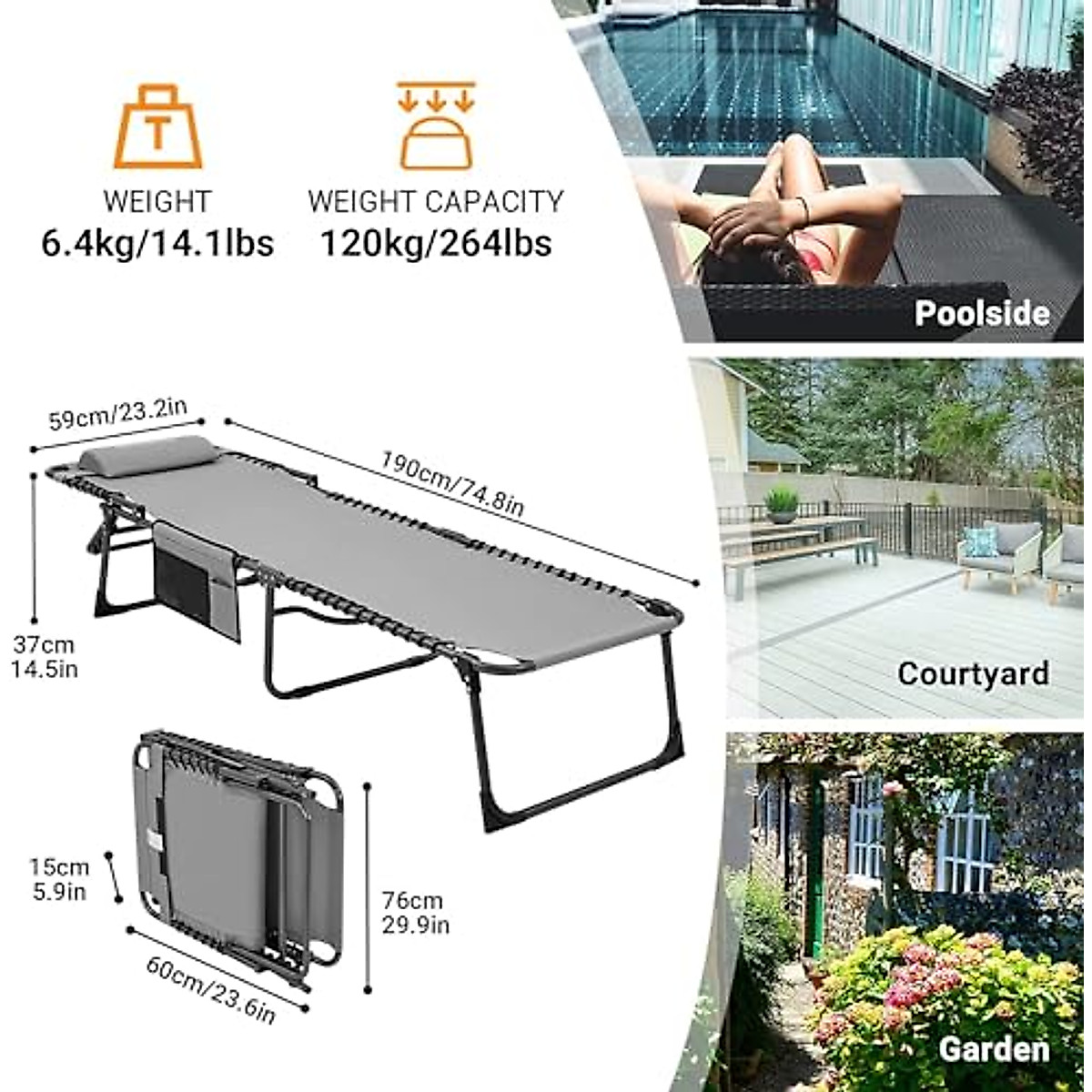 KingCamp Chaise Lounge Outdoor 5-Position Adjustable Patio Lounge Chair,Folding Tanning Chair for Lawn,Beach,Pool and Sunbathing,Portable Heavy-Duty Camping Reclining Chair with Pillow (1, Grey)