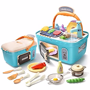 CUTE STONE Kids Picnic & Kitchen Playset,Portable Pinic Basket with Musics & Lights, Color Changing Play Foods, Sink,Pretend Play Oven and Other Accessories Toys for Boys and Girls