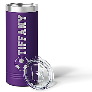 Personalized Soccer Ball Tumbler with Lid Laser Engraved on Purple 22 oz Stainless Steel Insulated Cup Birthday Gift for Men, Women, Sports Lover