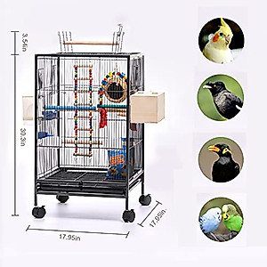 33 Inch Wrought Iron Bird Cage with with Play Open Top and Rolling Stand for Mid-Sized Parrots Cockatiels Sun Parakeets Green Cheek Conures (White)