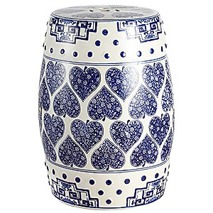 JONATHAN Y TBL1014A Happy Hearts 17.8" Chinoiserie Ceramic Drum Garden Stool, Bohemian, Coastal, Cottage, French Country, Traditional, Transitional, Side Table, Plant Stand, Spill-Proof, Blue/White
