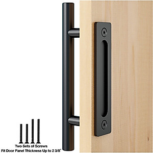 FaithLand 12" Heavy Duty Pull and Flush Door Handle Set in Black, Sliding Barn Door Handle - Fit Doors Up to 2 3/8''