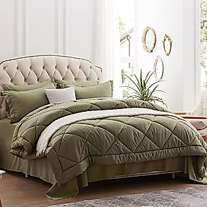 NexHome Bed in a Bag Comforter Sets Queen Green All Season Down Alternative Comforter Soft Microfiber Dobby Stripe 7 Pieces-1 Comforter 2 Pillow Shams 2 Pillowcases 1 Flat Sheet 1 Fitted Sheet