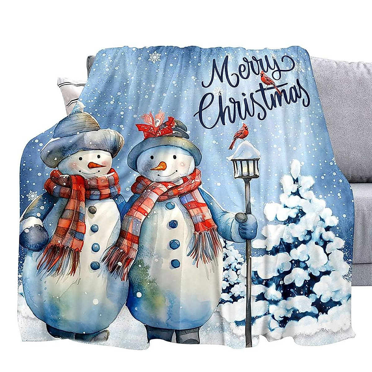 LUVIVIHOME Cute Snowman Throw Blanket, Blue Blanket, Kids Blanket, Red Cardinal Birds Winter Holiday Christmas Blanket, Cozy Warm Lightweight Soft Fuzzy Flannel Fleece Blanket for Couch, Sofa, 30"x40"