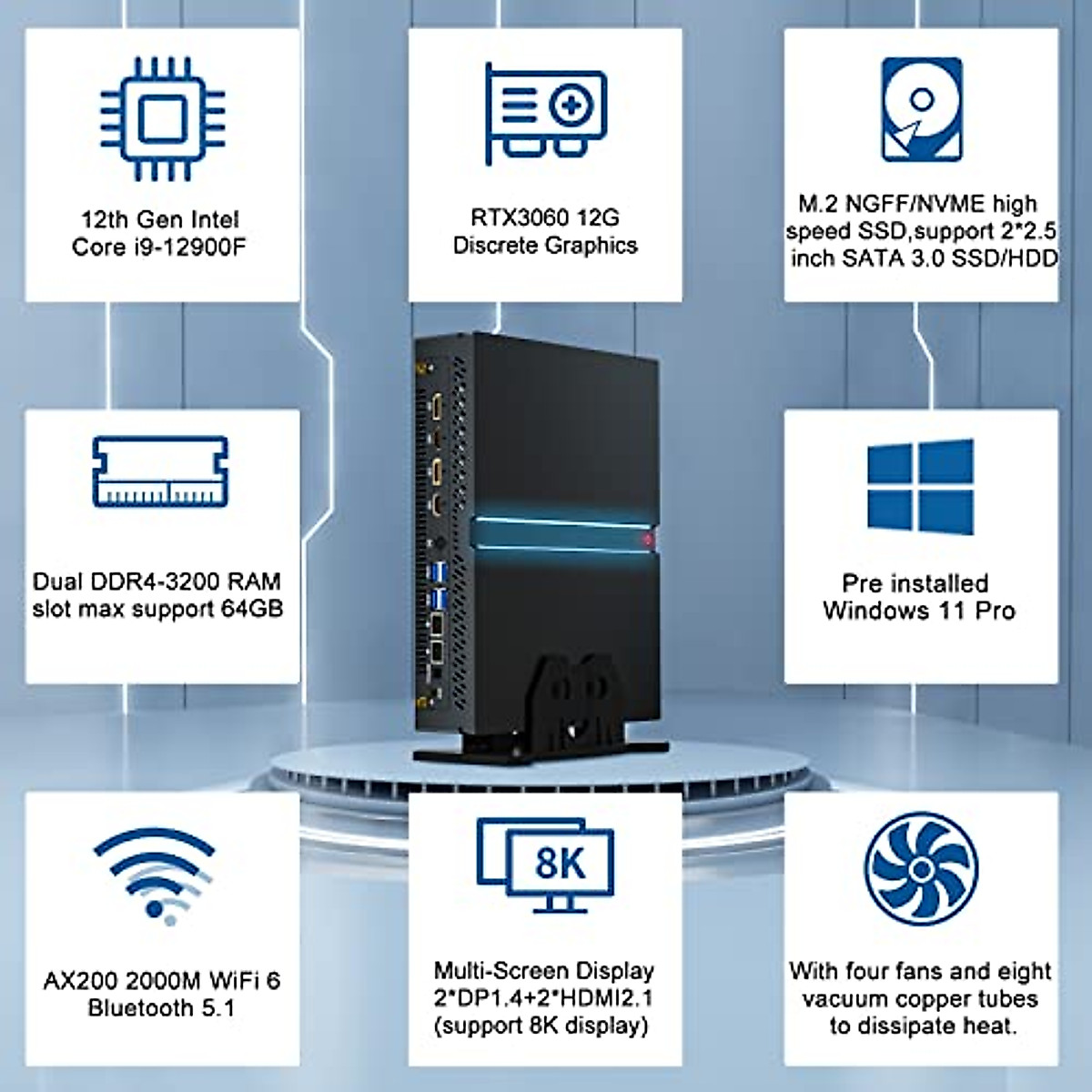 msecore Mini Gaming PC, Desktop Computer with Powerful i9-12900F 16 Cores Upto 5.1GHz, RTX3060 12G Graphics Card, 64G RAM 2T PCIE 4.0 SSD, Dual NIC, Optical, Four Display, WiFi 6, Windows 11 Pro